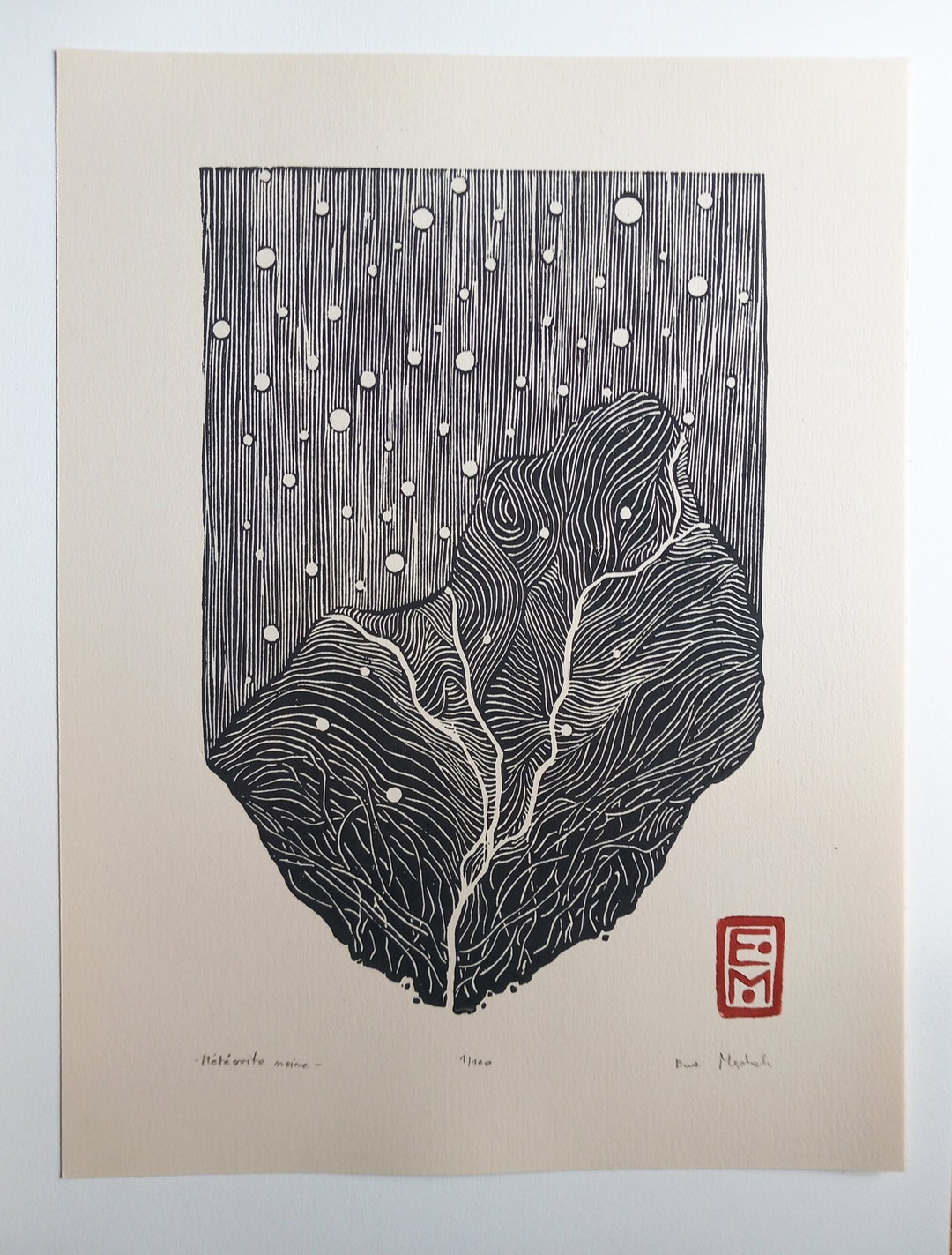 Black Meteorite Linocut, Original Art Print, Blue Wall Art, Original ...