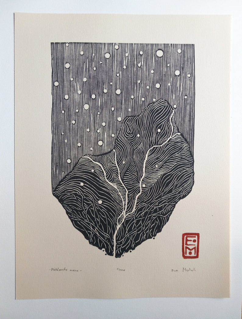 Black Meteorite Linocut, Original Art Print, Blue Wall Art, Original ...