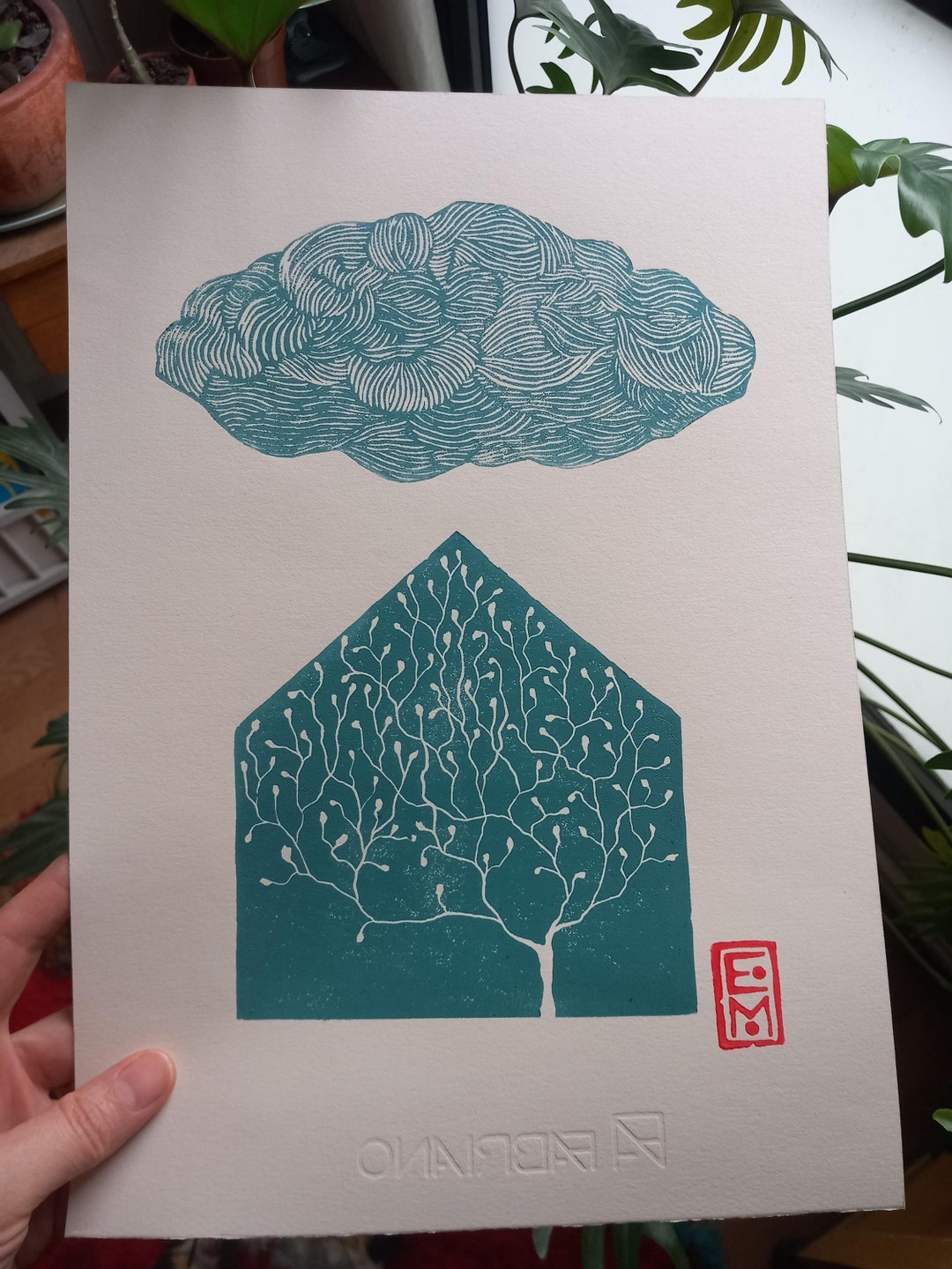 Linocut Under the Cloud, Original Art Print, Minimalist Landscape ...
