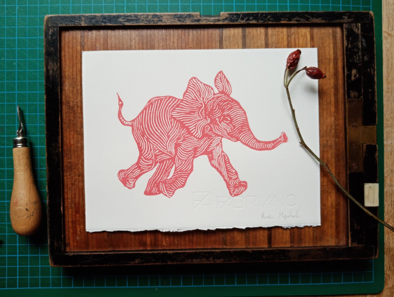 Linocut Print Small Elephant - Original Art Print, African Animals ...