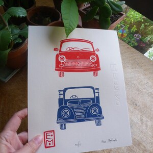 Linocut Cars Original Art Print, Vintage Automobile, Hand Carved and ...
