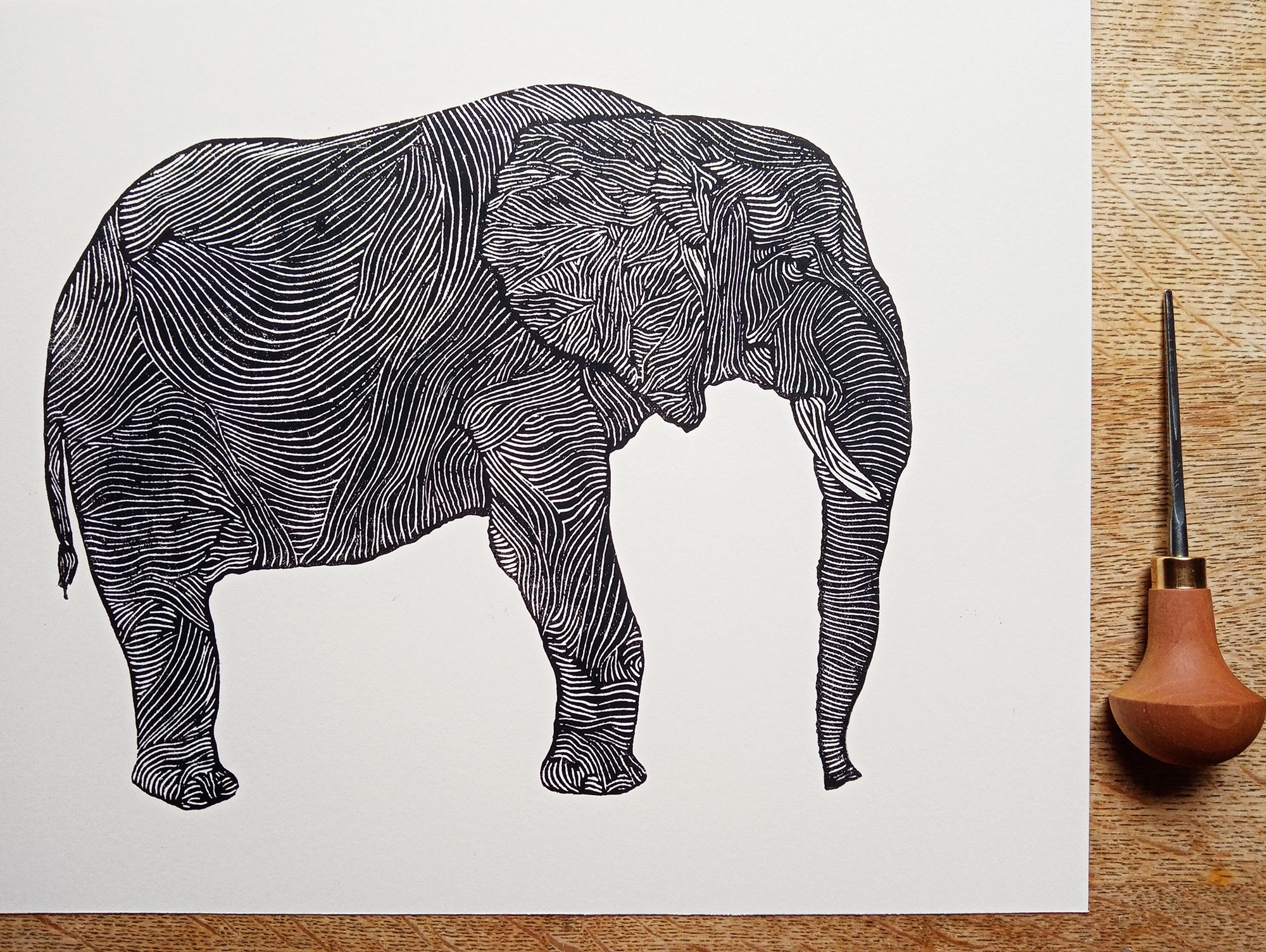 Linocut Elephant - Original Art Print, Savannah Animals, Nature Wall ...