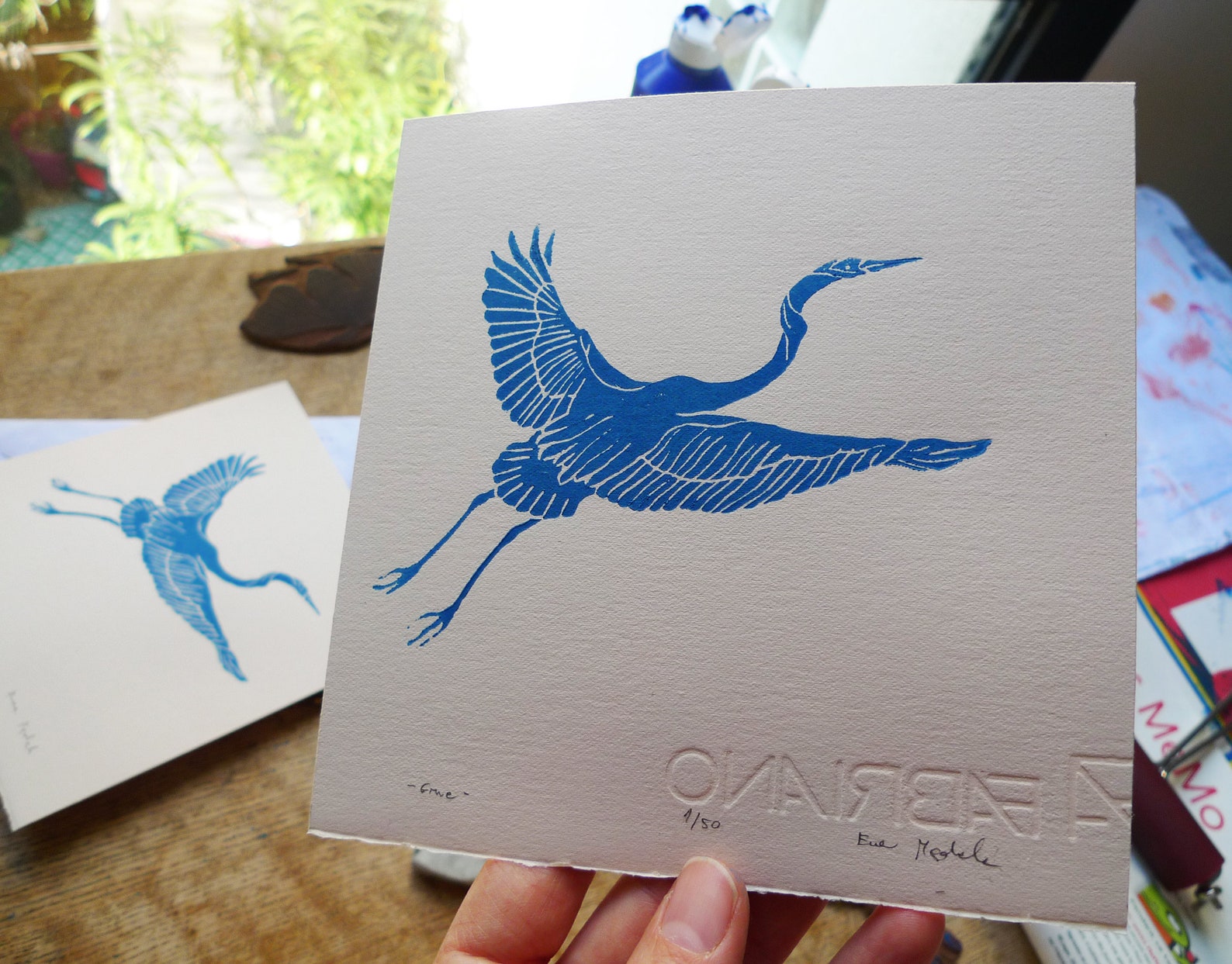 Linocut Crane Blue Bird Original Art Print Ready for Frame - Etsy Canada