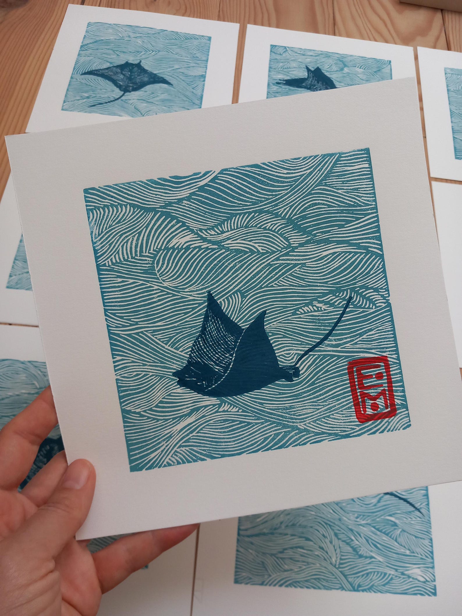 Linocut Triptych Swim - Original Art Print, Poetic Illustration, Marine ...