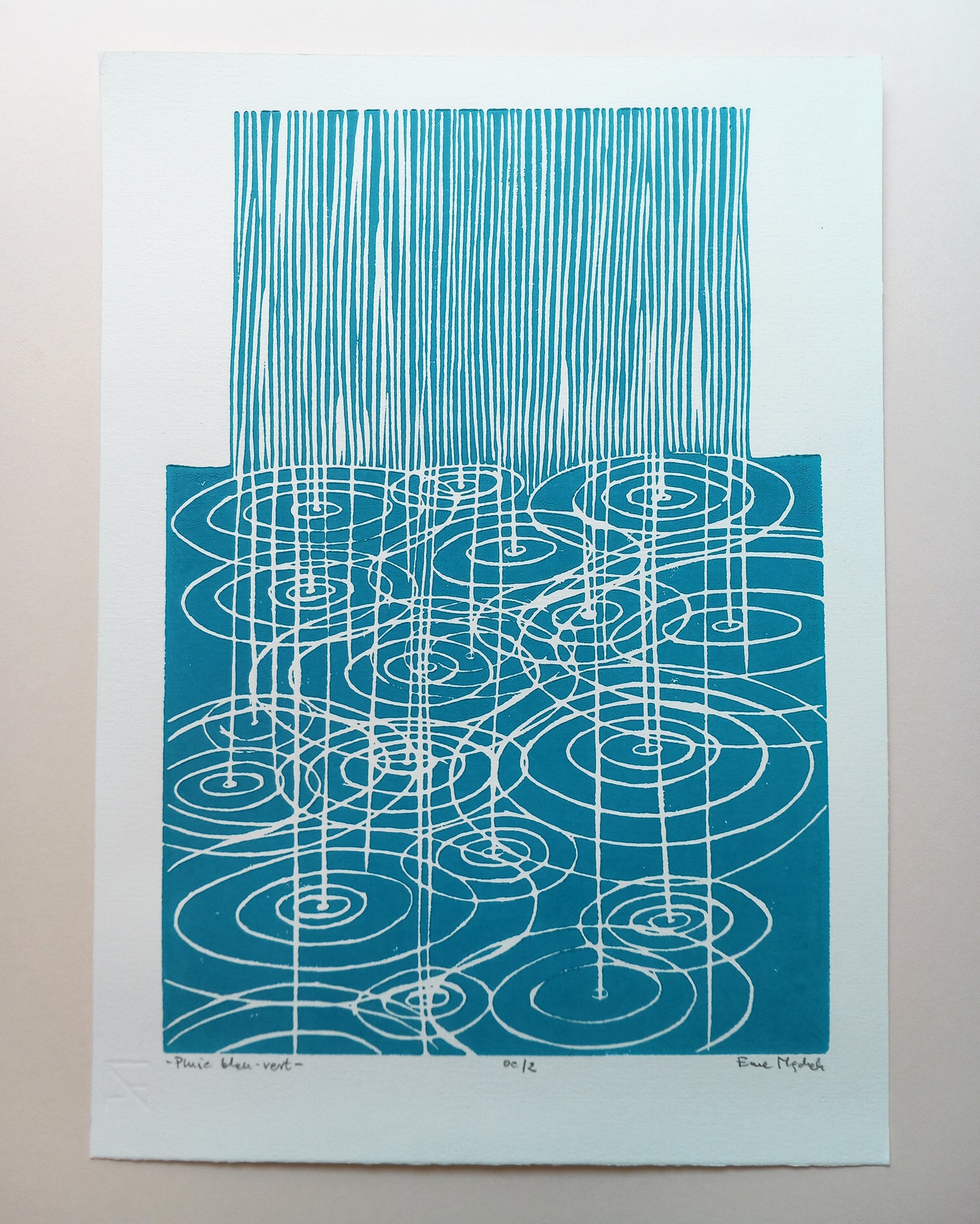 Linocut RAIN Turquoise- Original Art Print, Nature Wall Art, Hand ...