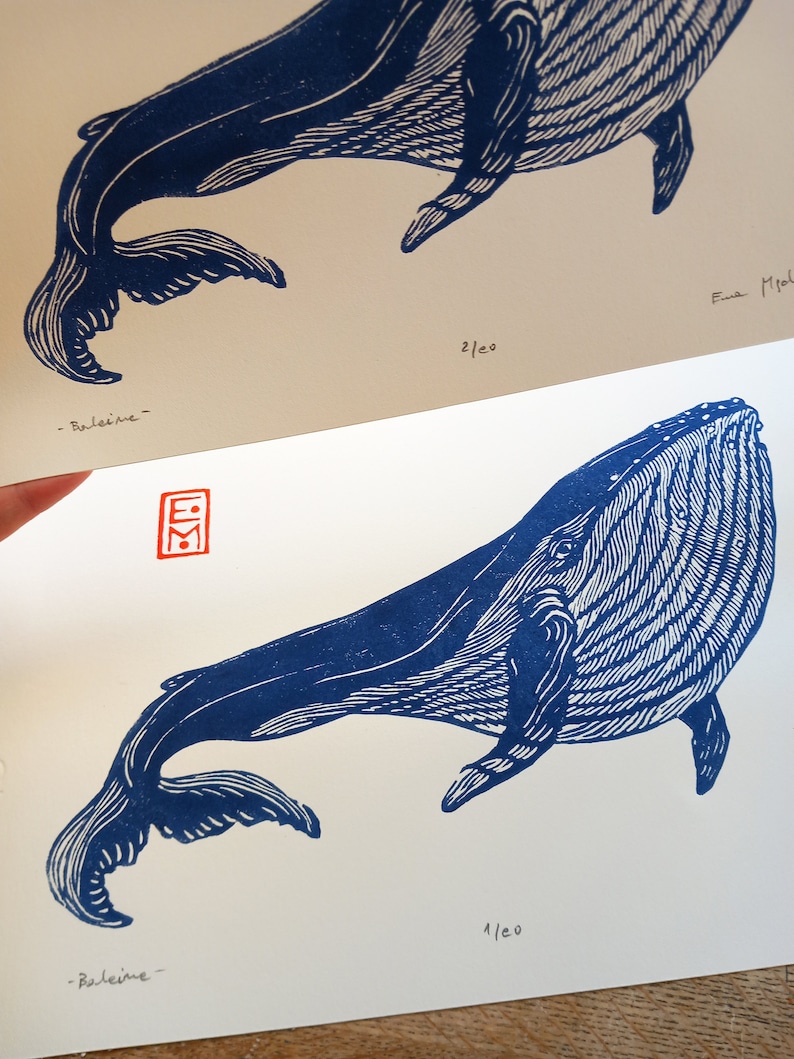 Linocut Whale - Original Art Print, Hand Engraved and Printed, Marine ...