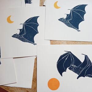 Linocut Print Bat Hunting - Original Art Print, Nature Wall Art ...