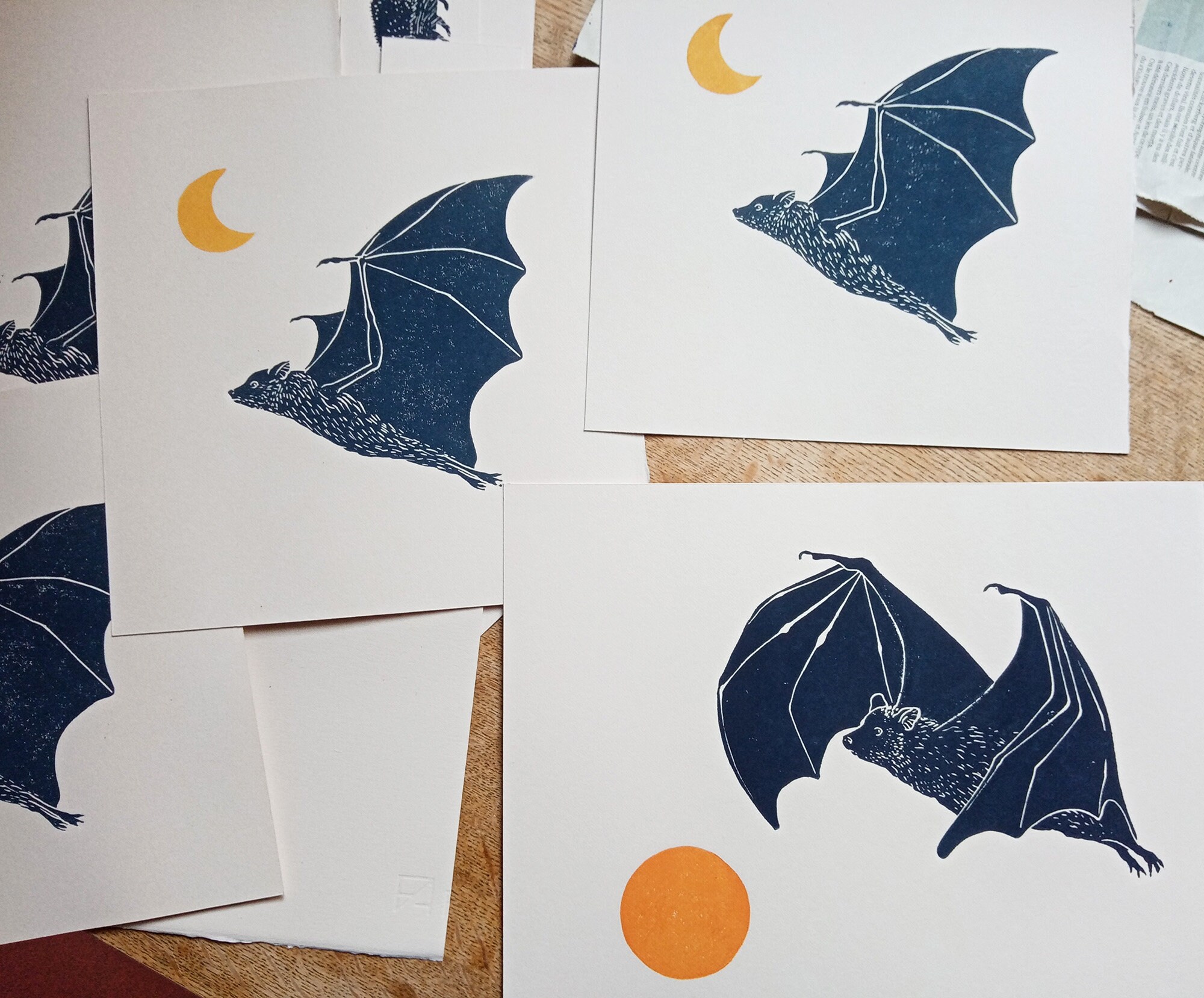 Linocut Print Bat Hunting - Original Art Print, Nature Wall Art ...