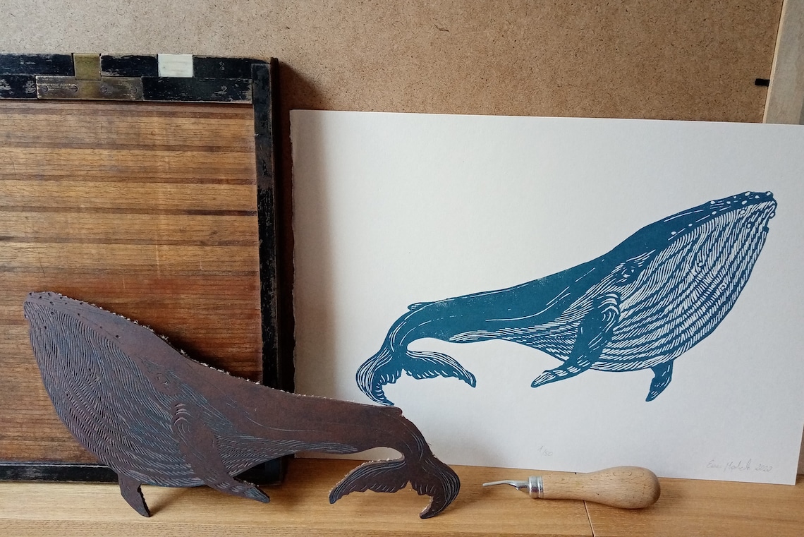 Linocut Whale Original Art Print Hand Engraved and Printed | Etsy Canada