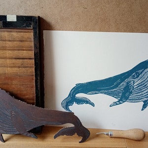 Linocut Whale - Original Art Print, Hand Engraved and Printed, Marine ...