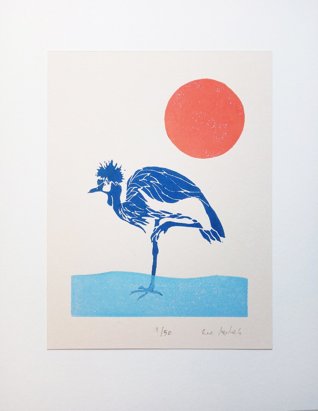 Linocut Print Crane in the Sun - Original Art Print, Nature Art ...