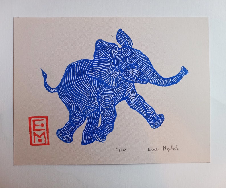 Linocut Small Elephant Original Art Print African Animals - Etsy