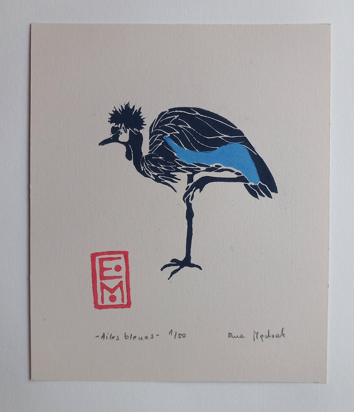 Linocut Blue Wings Original Art Print Animal Art Cabinet - Etsy