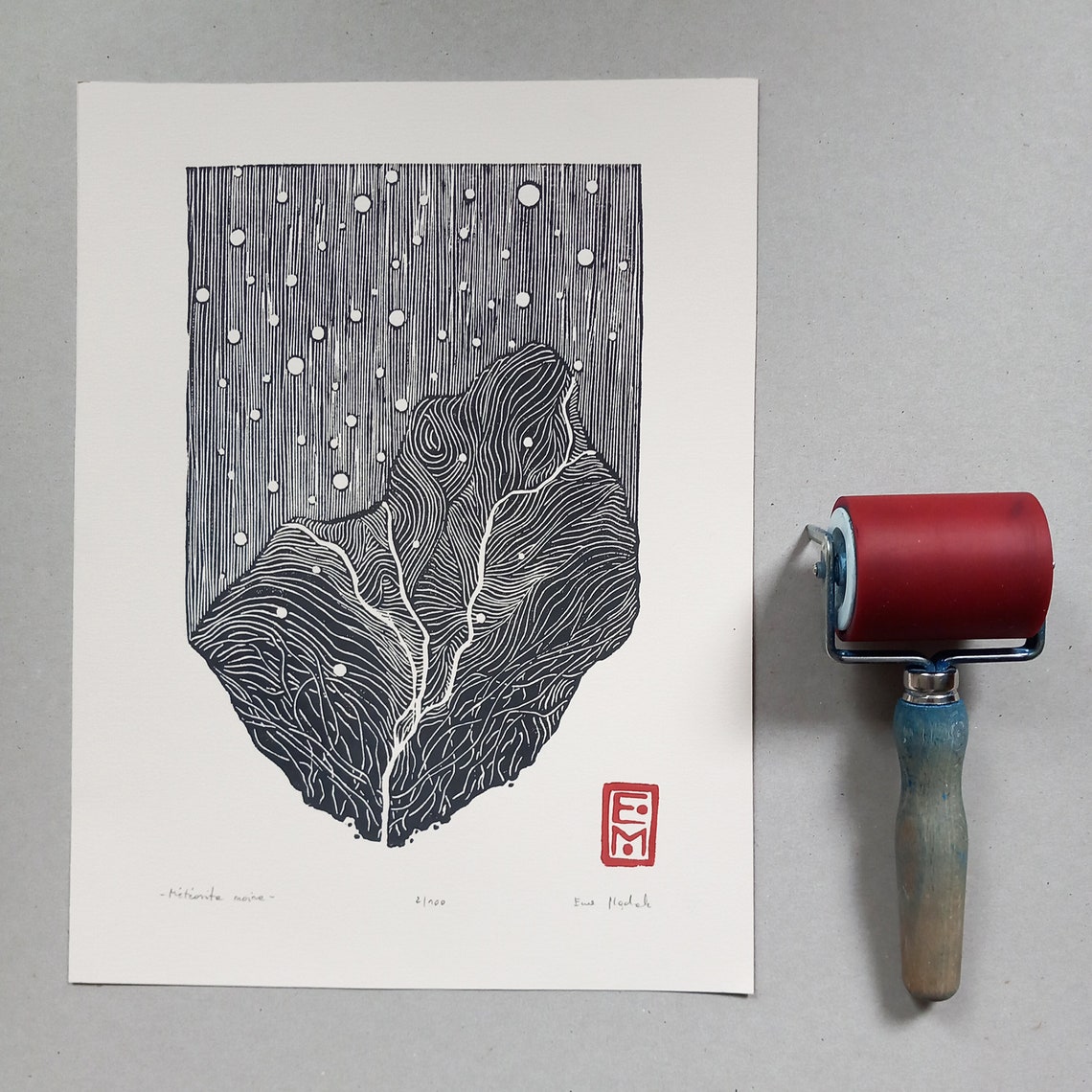 Black Meteorite Linocut, Original Art Print, Blue Wall Art, Original ...