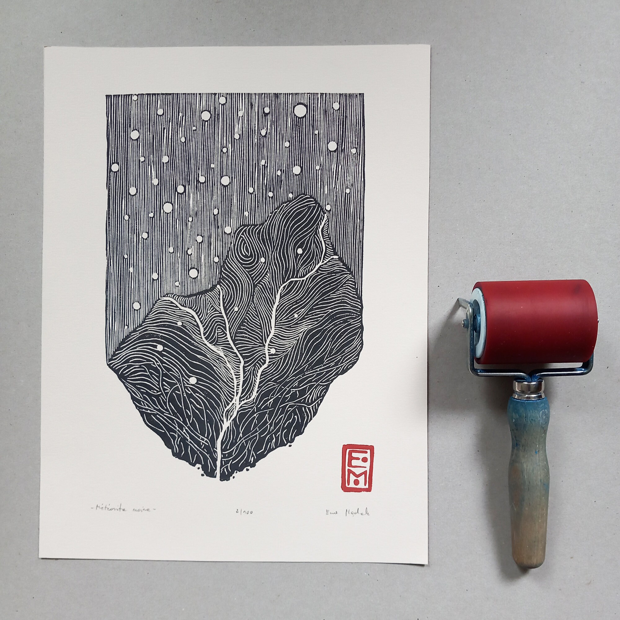 Black Meteorite Linocut, Original Art Print, Blue Wall Art, Original ...