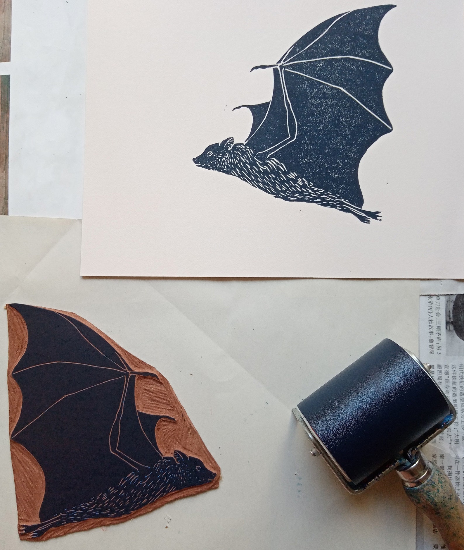 Linocut Bat- Original Art Print, Hand Carved and Printed, Limited ...