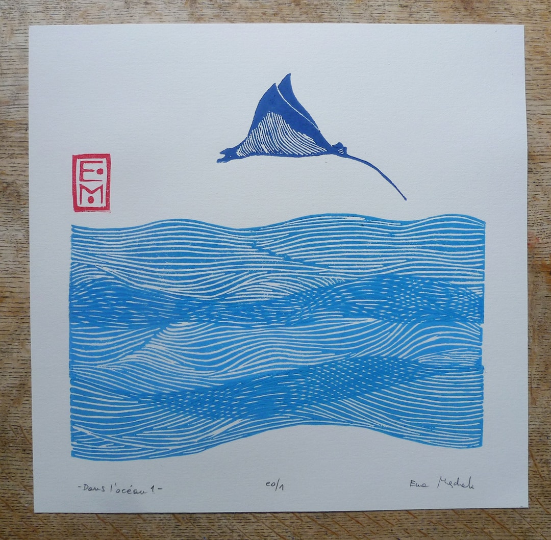 Linocut Into the Ocean1 - Original Art Print, Rays, Limited Edition ...