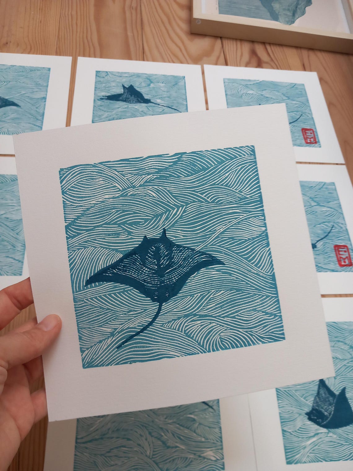 Linocut Triptych Swim - Original Art Print, Poetic Illustration, Marine ...