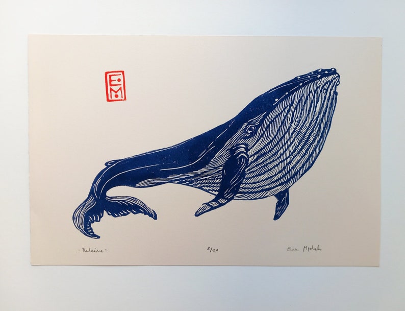 Linocut Whale Original Art Print Hand Engraved and Printed - Etsy
