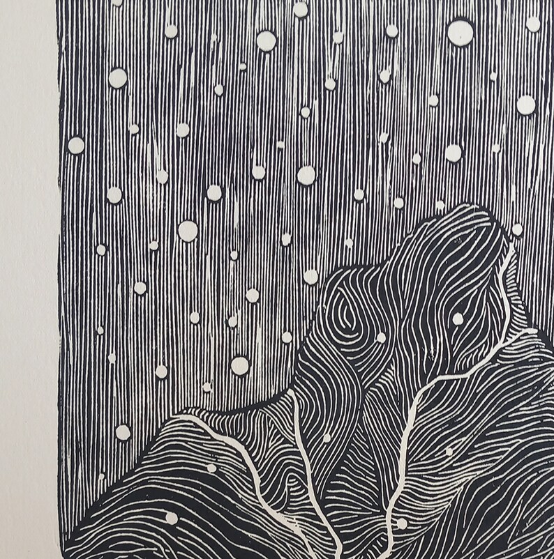 Black Meteorite Linocut, Original Art Print, Blue Wall Art, Original ...