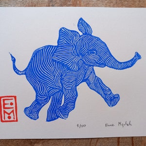 Linocut Small Elephant - Original Art Print, African Animals, Cute ...