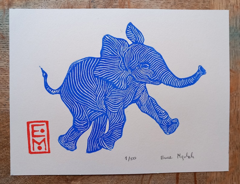 Linocut Small Elephant - Original Art Print, African Animals, Cute ...