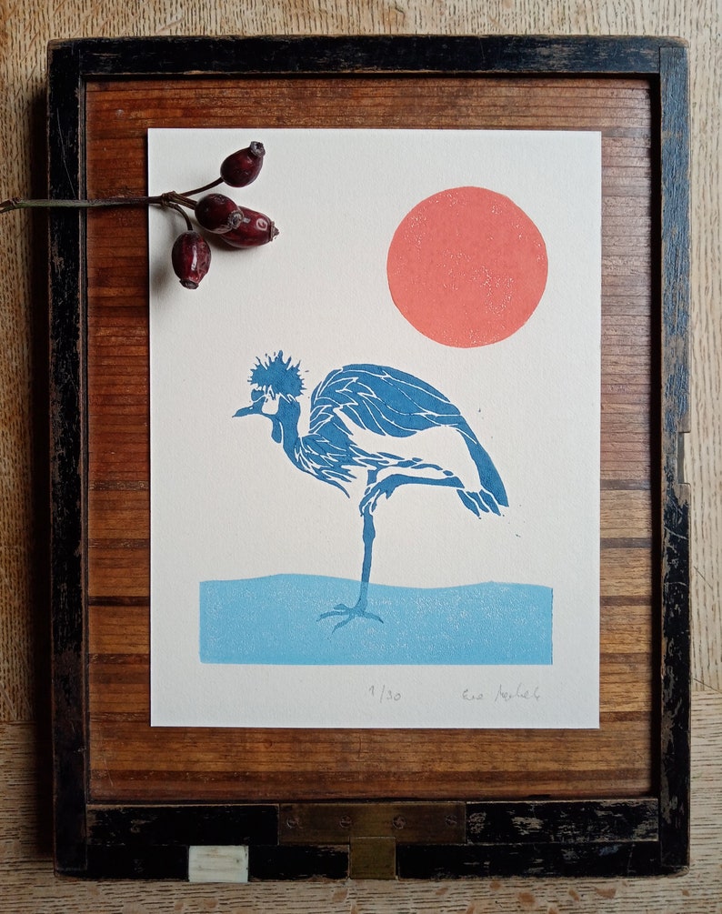 Linocut Print Crane in the Sun - Original Art Print, Nature Art ...