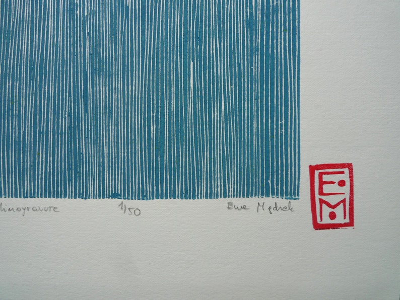 Linocut Heavy Rain - Original Art Print With a Red Monogram, Nature ...