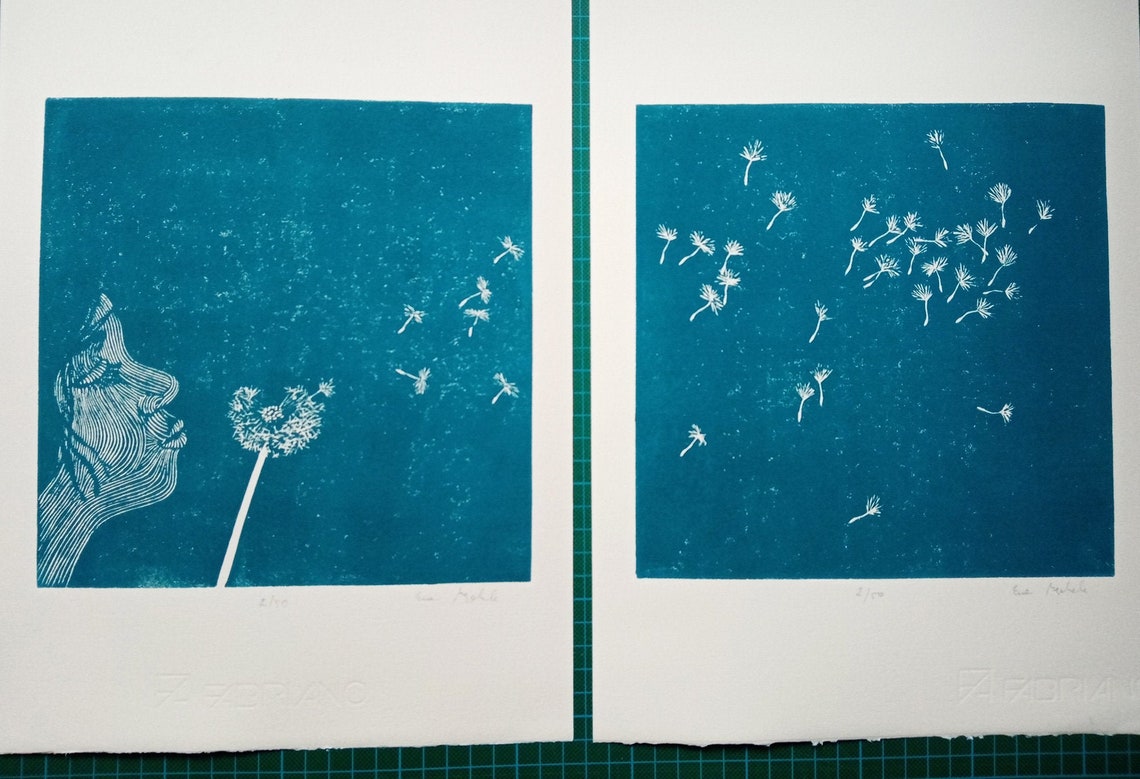 Diptych Linocut Dandelion - Original Art Print, Poetic Illustration ...