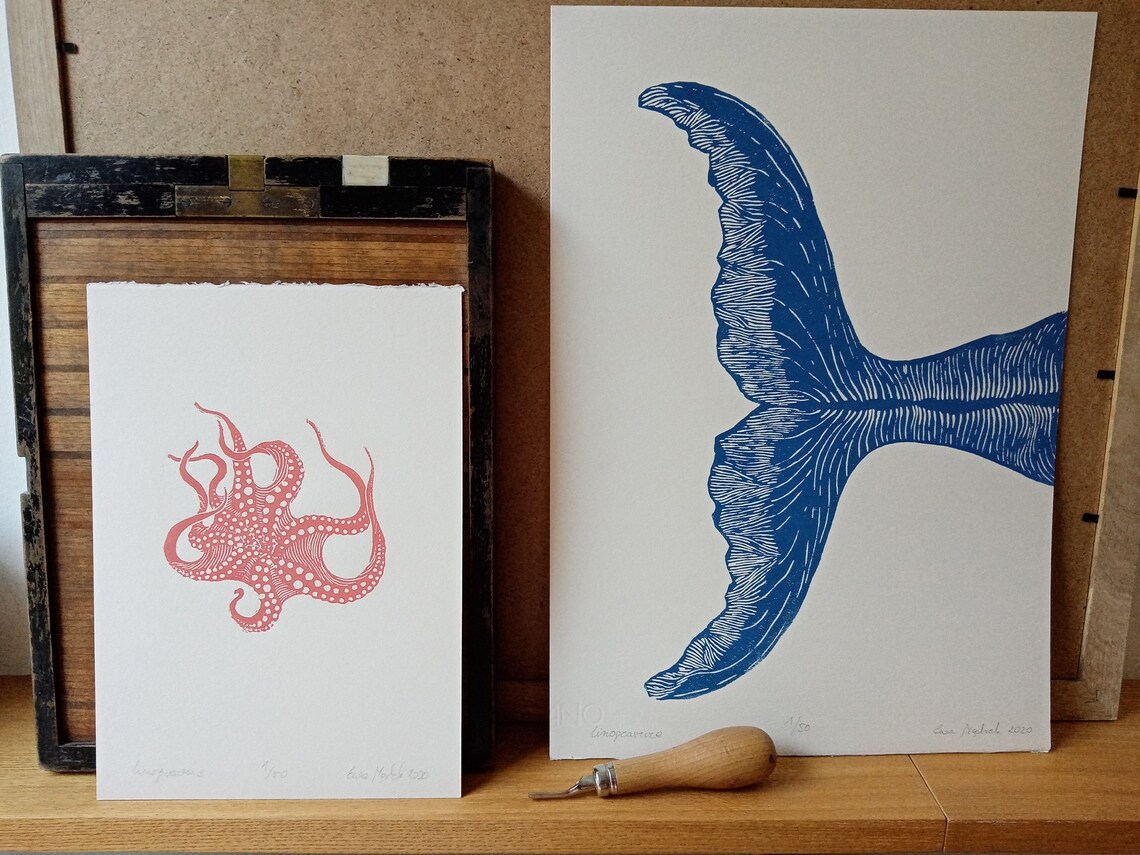 Linocut Octopus Original Art Print Marine Art Hand Carved - Etsy
