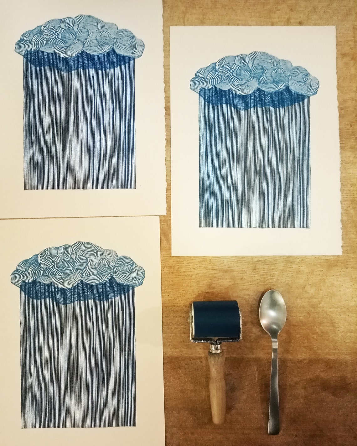 Linocut Heavy Rain Original Art Print With a Red Monogram - Etsy