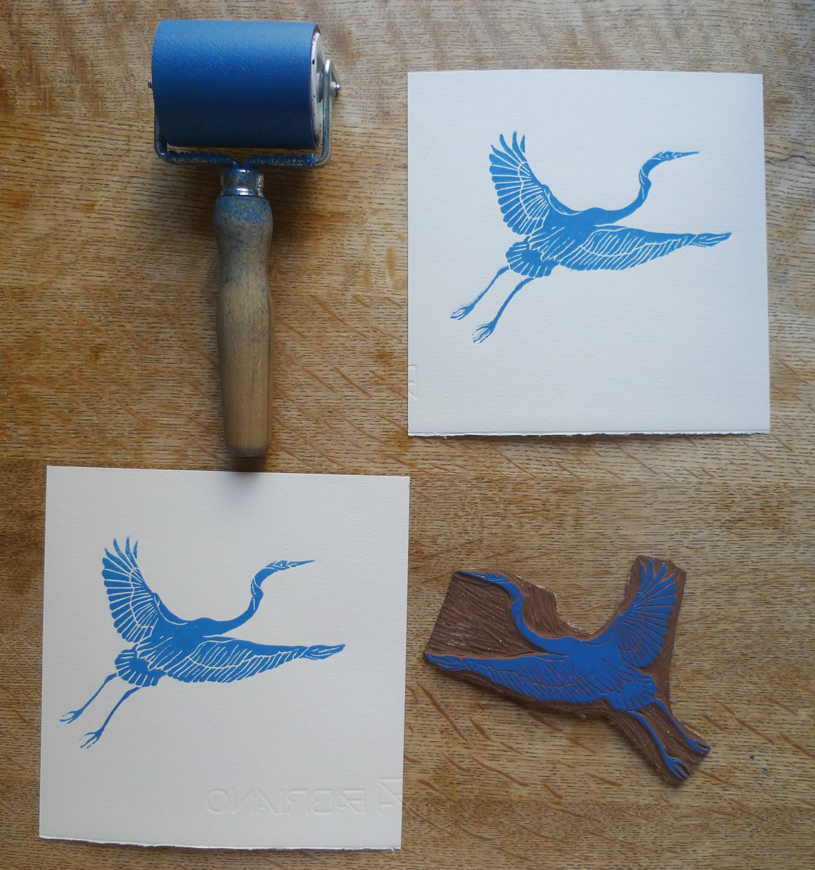 Linocut Crane Blue Bird, Original Art Print, Ready for Frame Nature Art ...