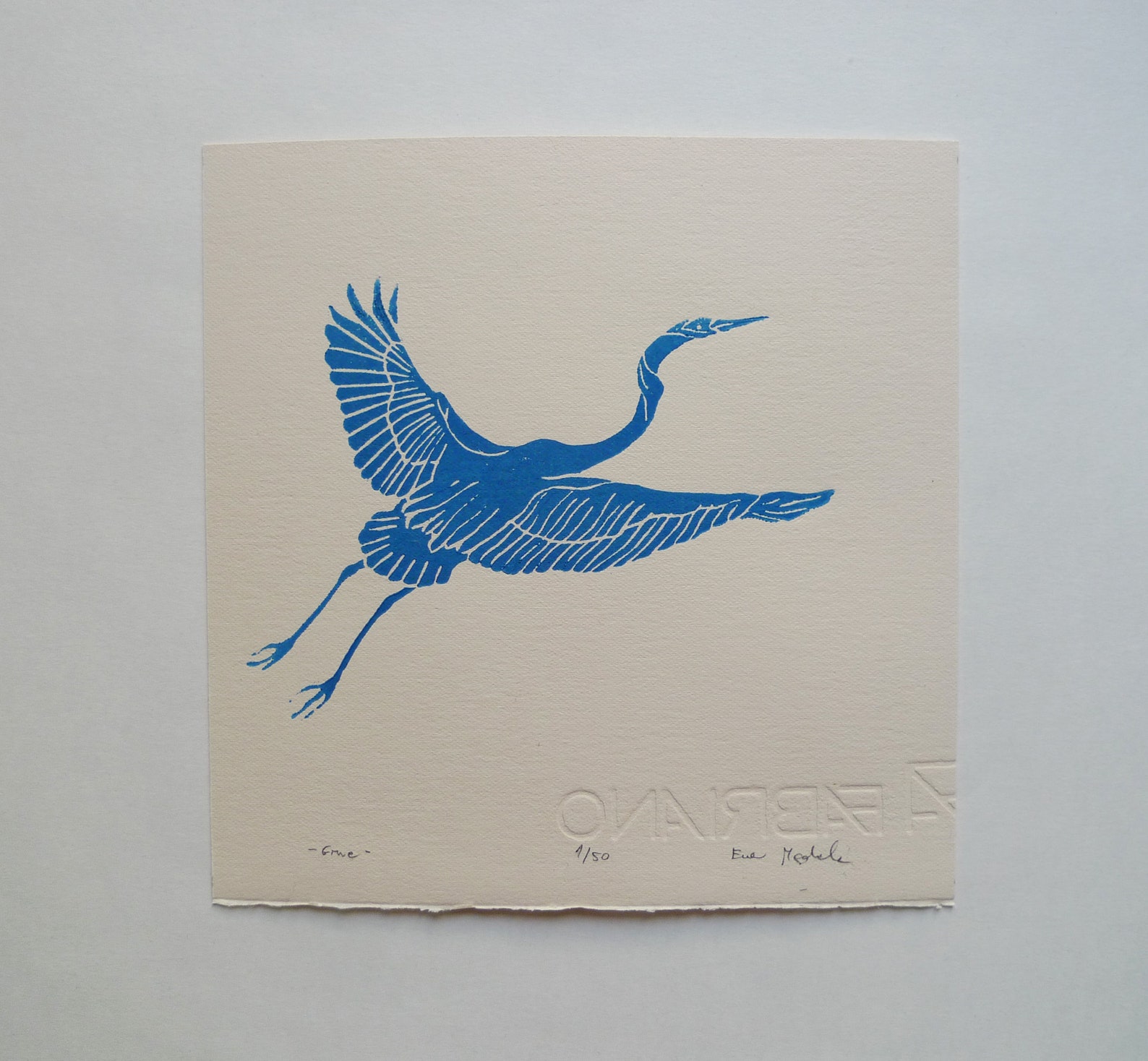 Linocut Crane Blue Bird, Original Art Print, Ready for Frame Nature Art ...