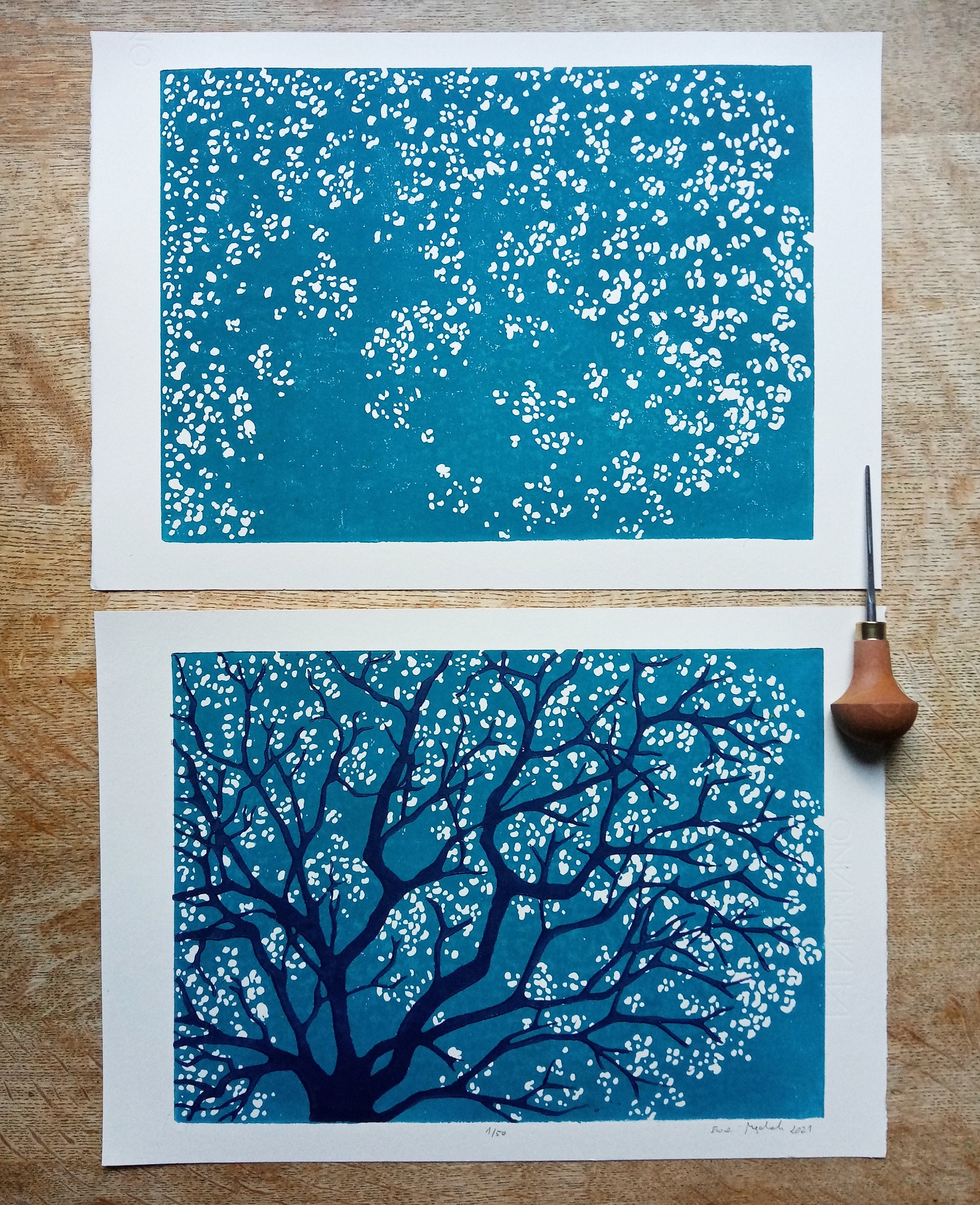 Linocut Blooming Tree Original Art Print Floral Art Spring | Etsy