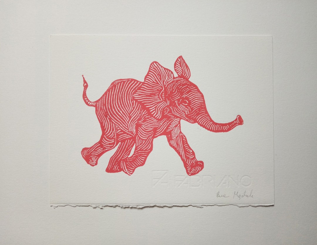 Linocut Print Small Elephant - Original Art Print, African Animals ...