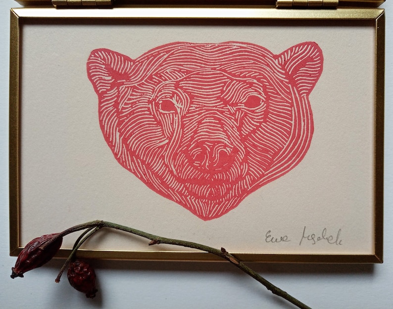 Linocut Bear Portrait - Original Art Print, Wild Animal, Nature Wall ...