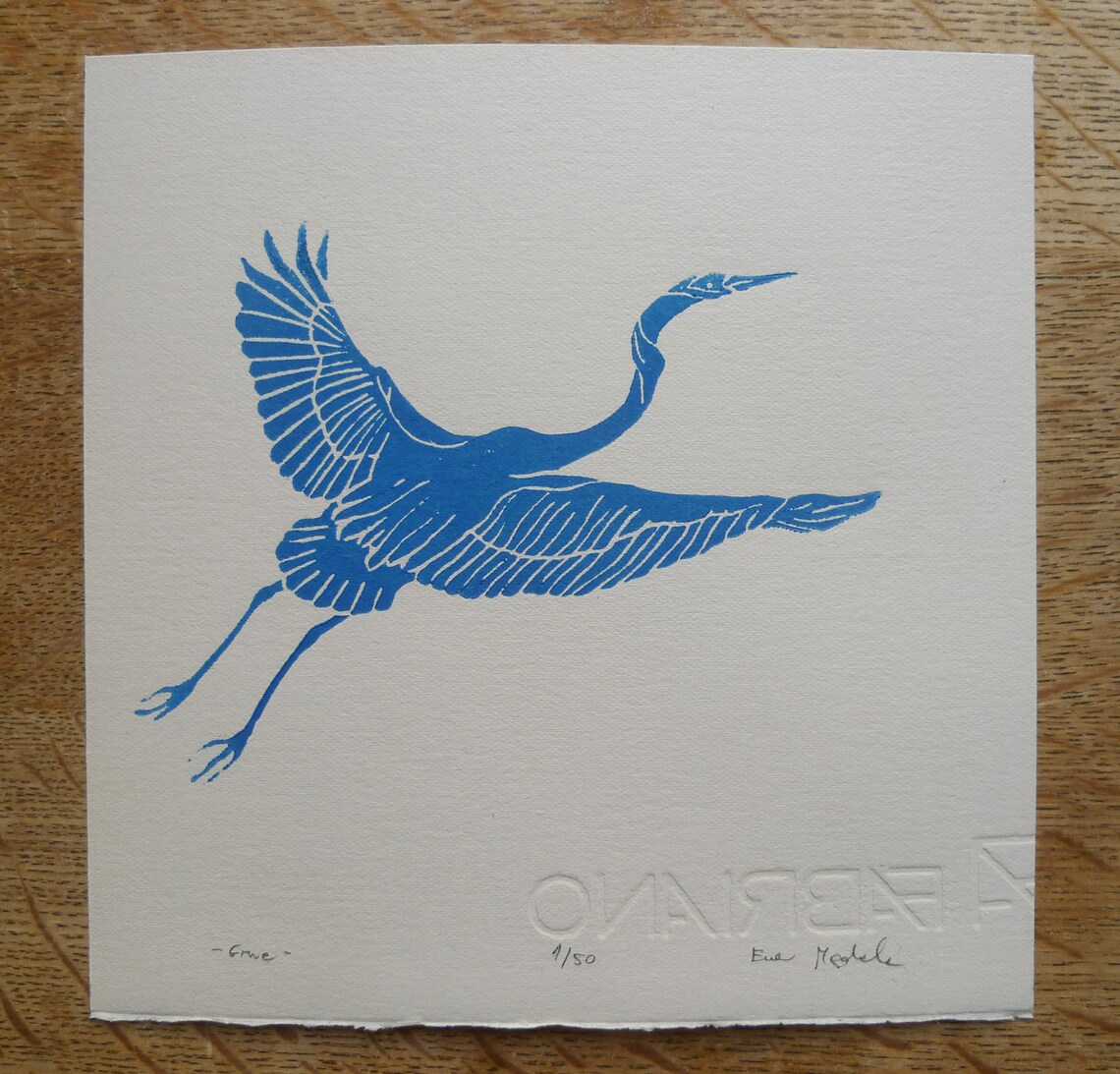 Linocut Crane Blue Bird, Original Art Print, Ready for Frame Nature Art ...