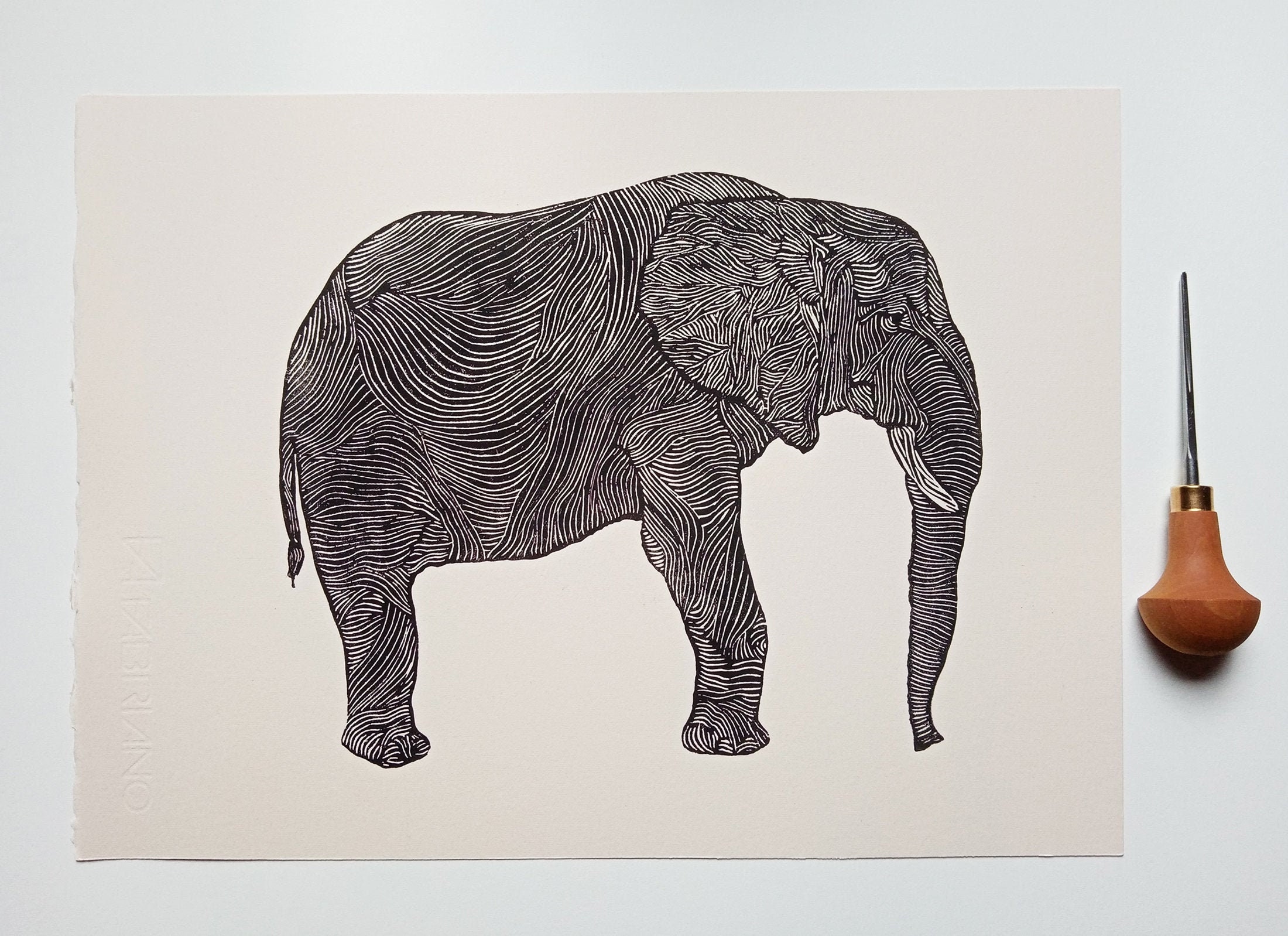 Linocut Elephant original art print black and white | Etsy