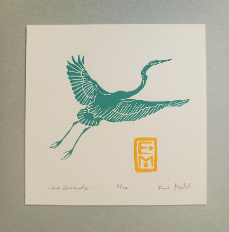 Linocut Crane Emerald Bird, Original Art Print, Nature Art, Limited ...