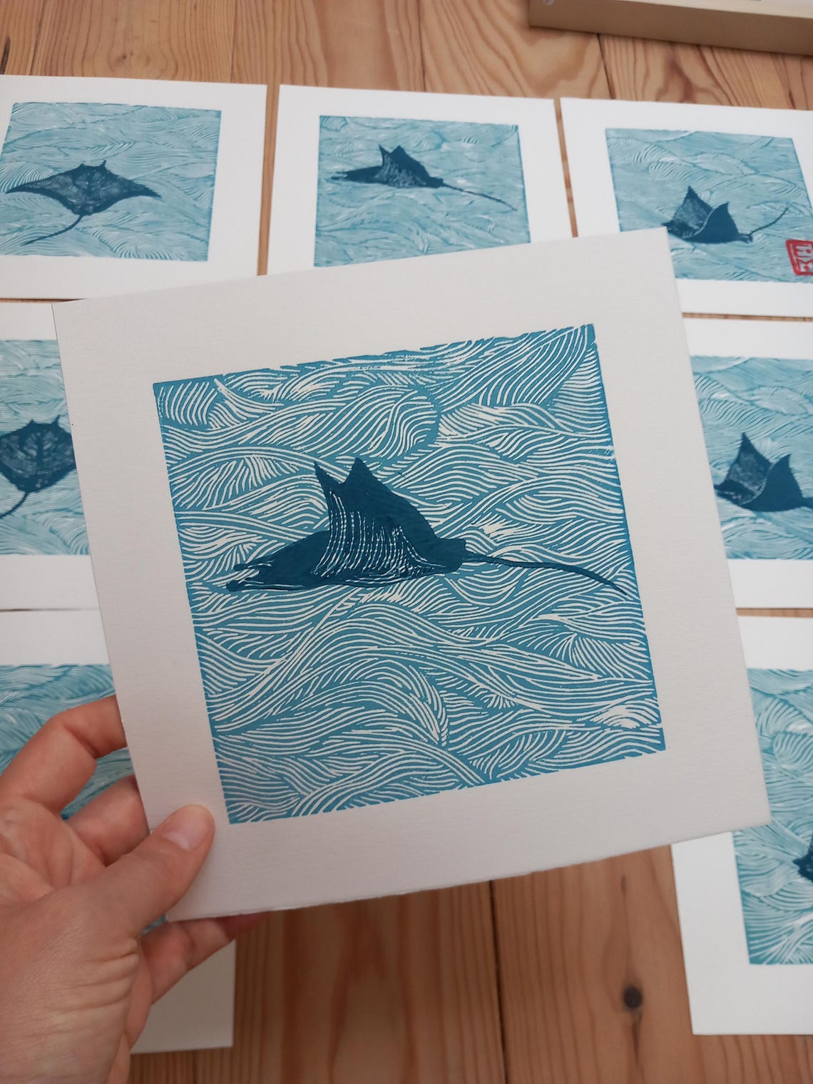 Linocut Triptych Swim - Original Art Print, Poetic Illustration, Marine ...