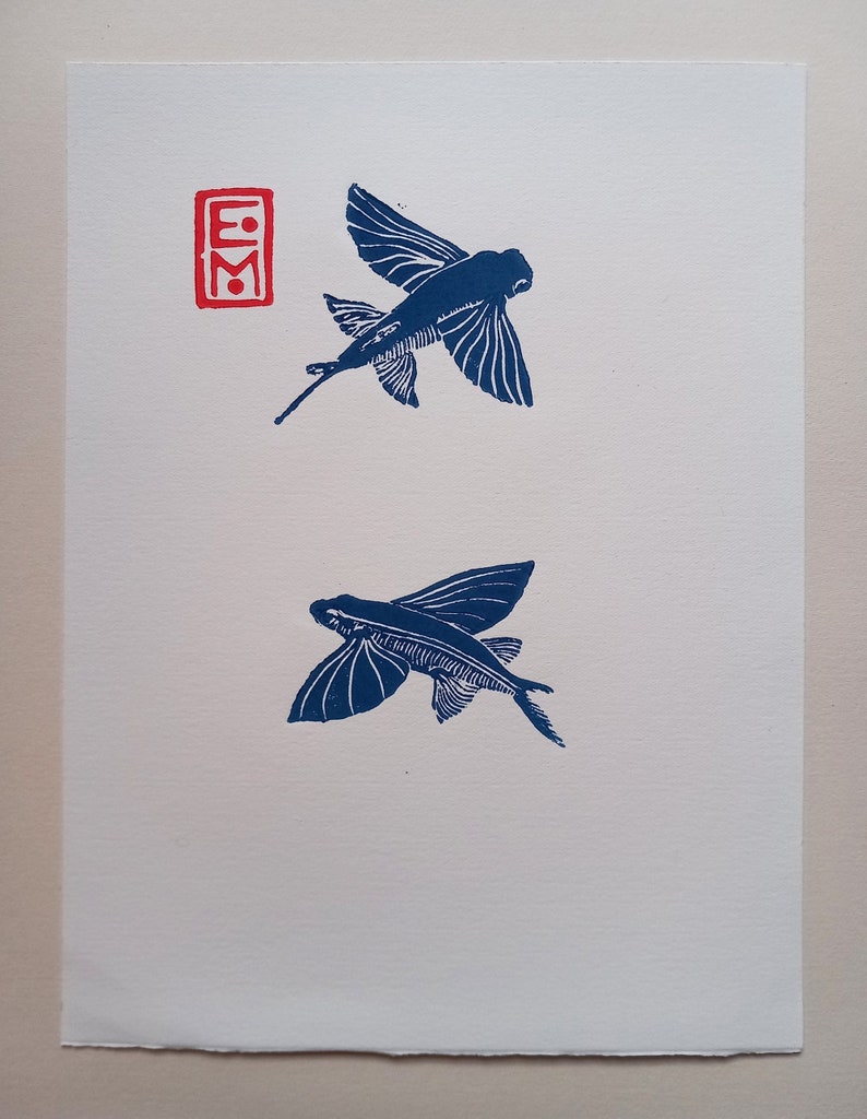 Linocut Flying Fish, Original Art Print, Hand Carved and Printed ...