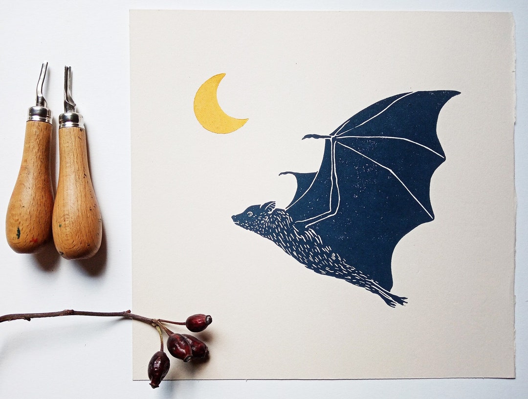 Linocut Bat- Original Art Print, Hand Carved and Printed, Limited ...