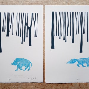 Linocut Print Fox in the Forest - Original Art Print, Hand Engraved and ...