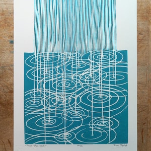 Linocut RAIN Turquoise- Original Art Print, Nature Wall Art, Hand ...