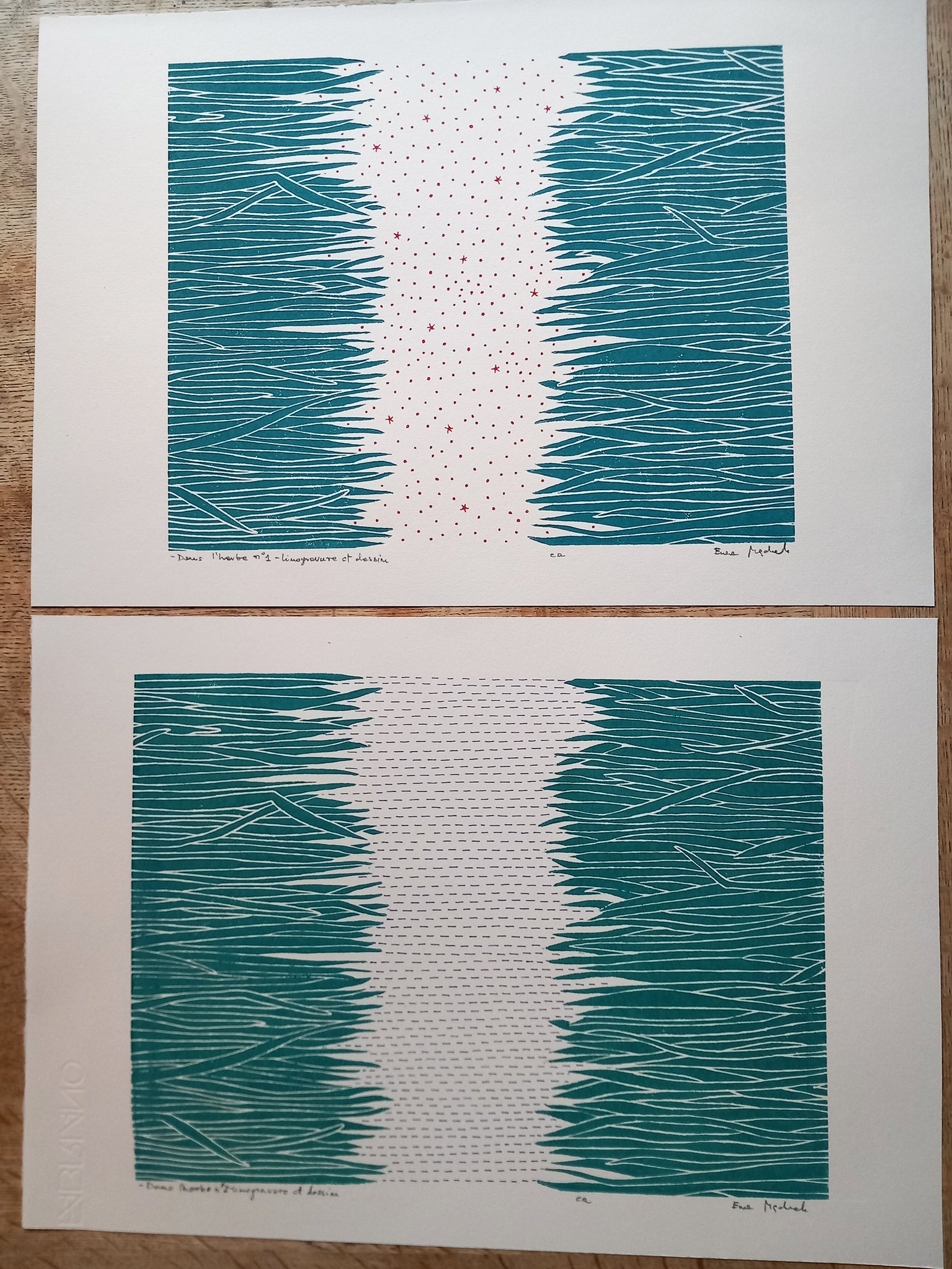 Linocut and Drawing "in the Grass No.2", Original Artwork, Mixed Media ...