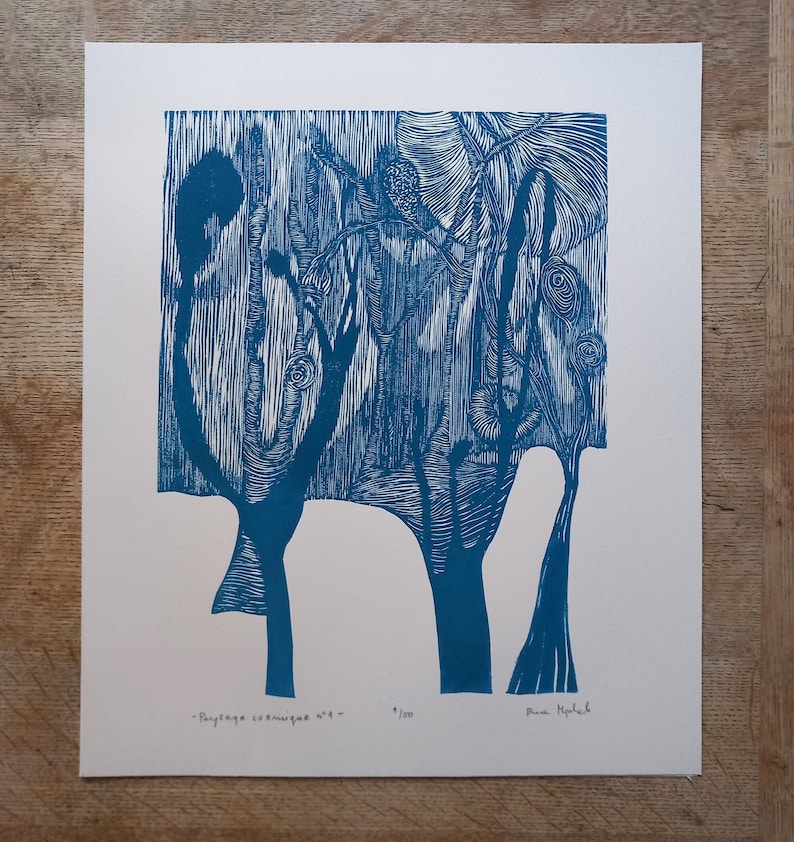 Linocut Cosmic Landscape I, Original Art Print, Minimalist Panorama ...