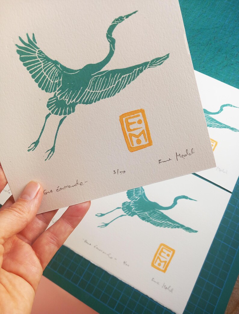 Linocut Crane Emerald Bird, Original Art Print, Nature Art, Limited ...