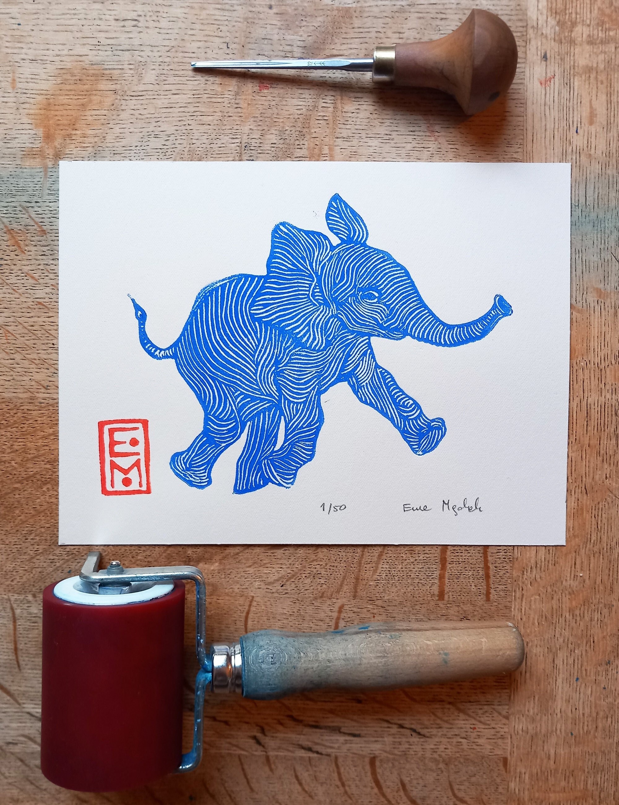 Linocut Small Elephant - Original Art Print, African Animals, Cute ...