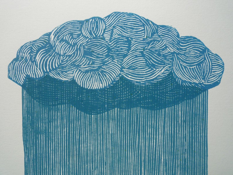 Linocut Heavy Rain Original Art Print With a Red Monogram - Etsy