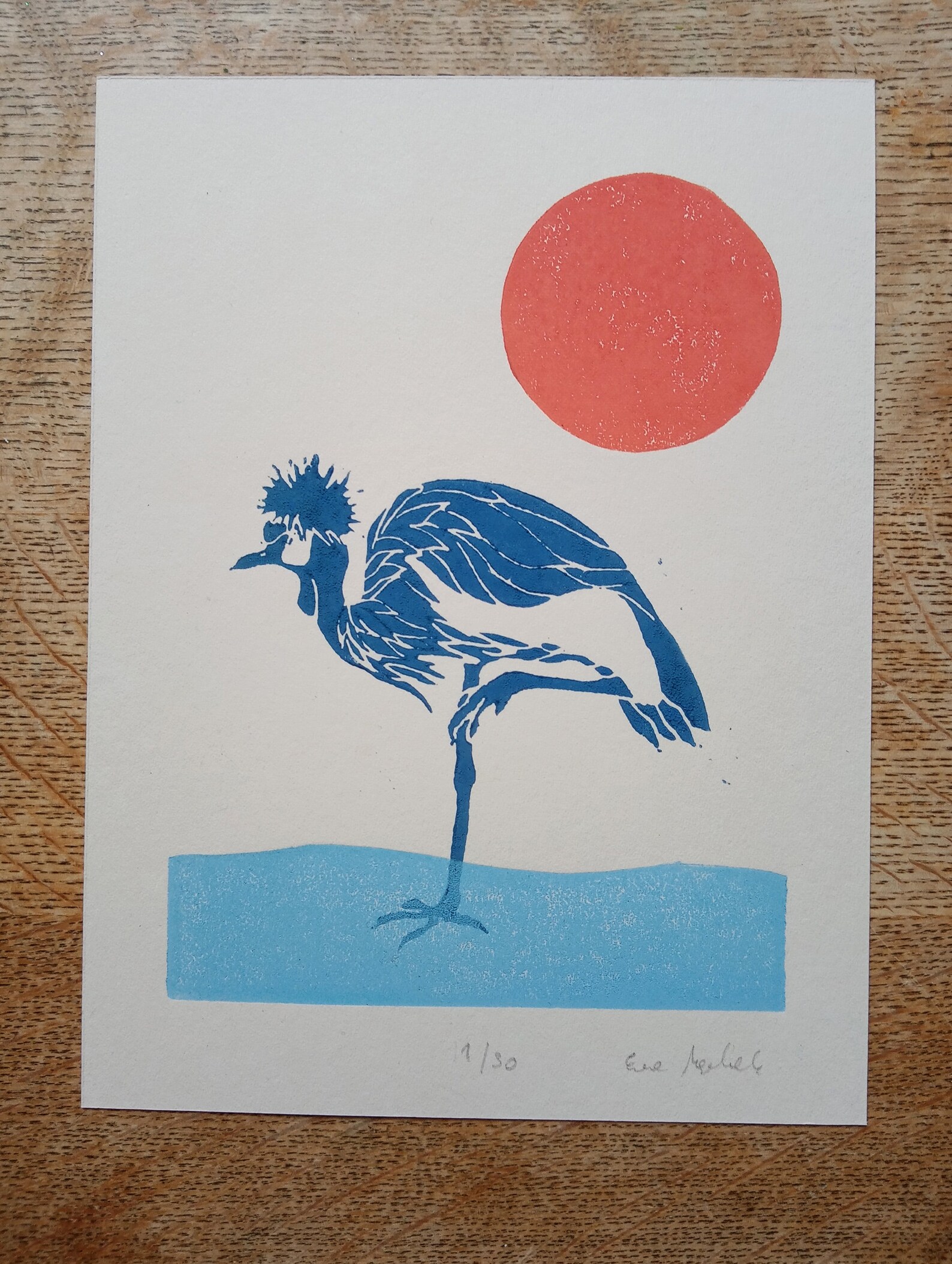 Linocut Print Crane in the Sun - Original Art Print, Nature Art ...
